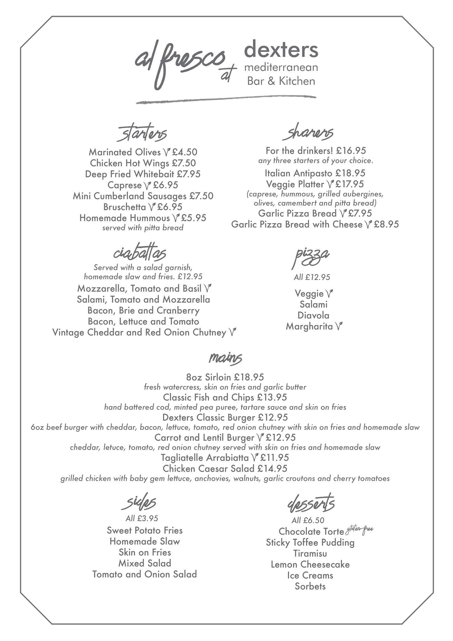 Menu at Dexters restaurant, Oundle