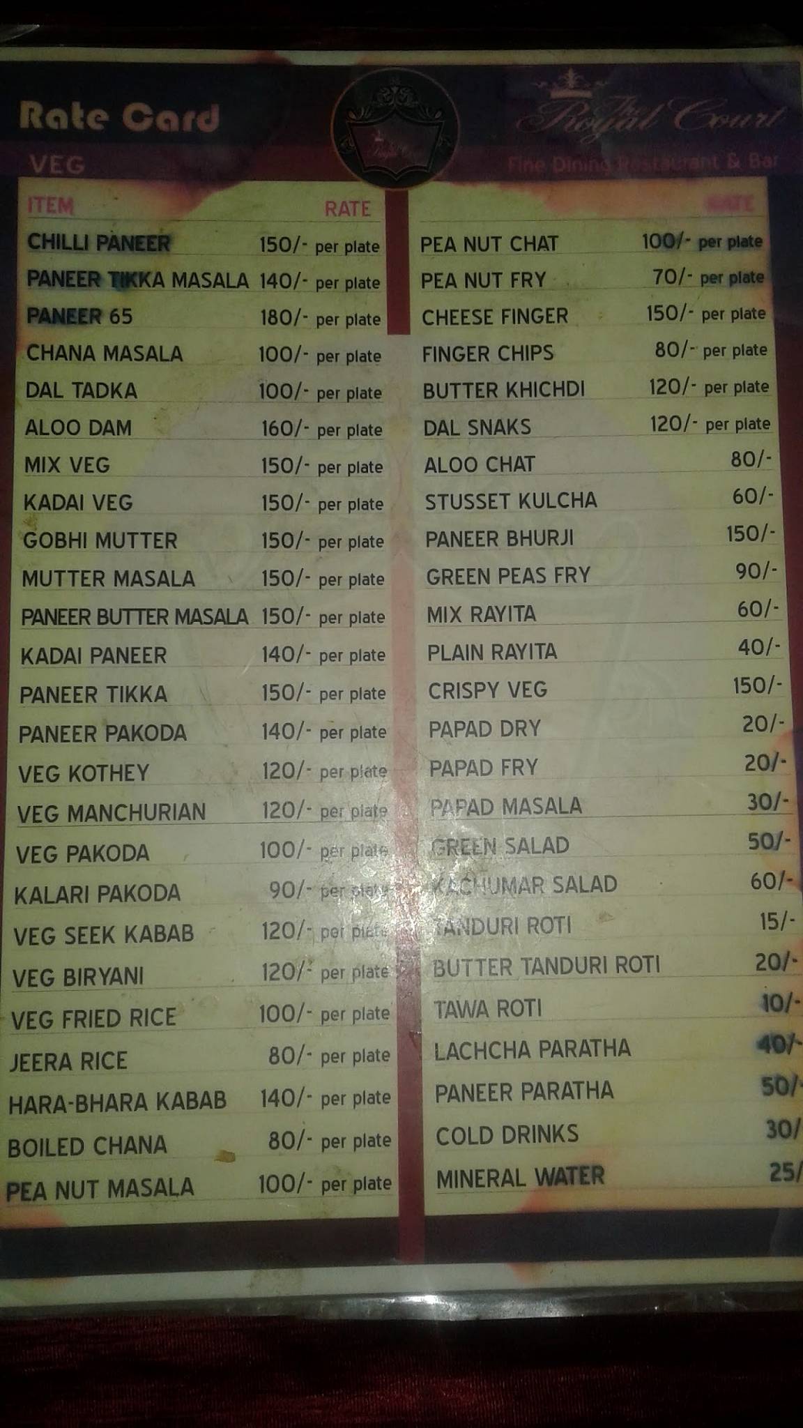 Menu at Dhaani production, Bhopal
