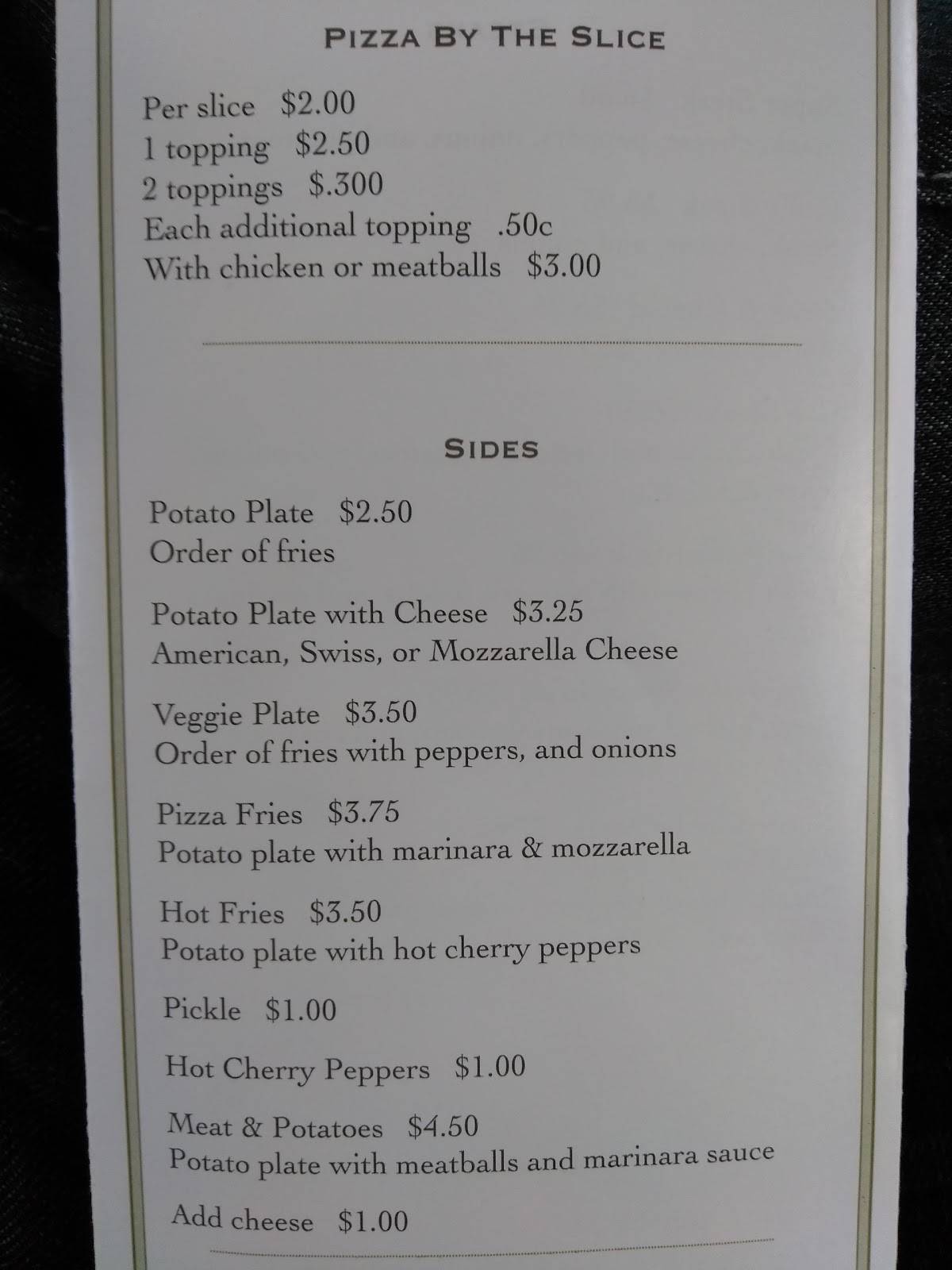 Menu at Dickie Dee's pizzeria, Newark