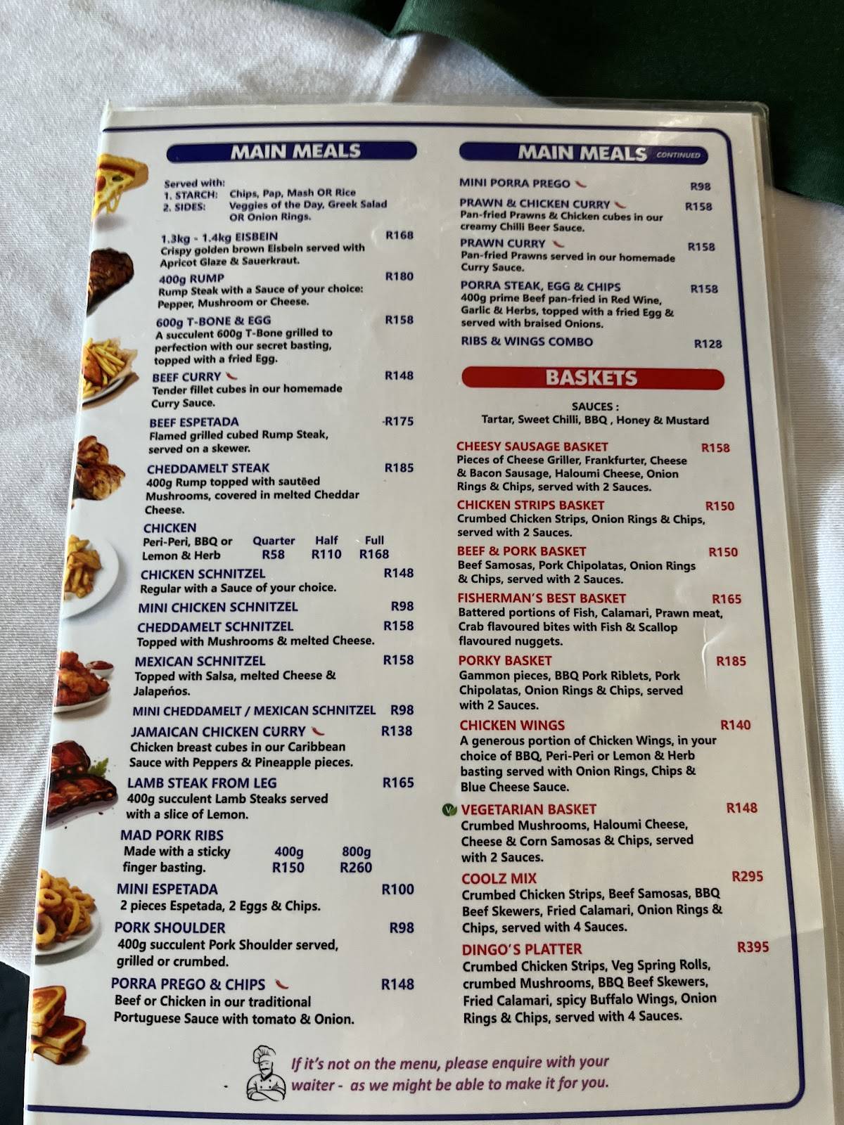 Menu at Dingo's Pub & Restaurant, Boksburg