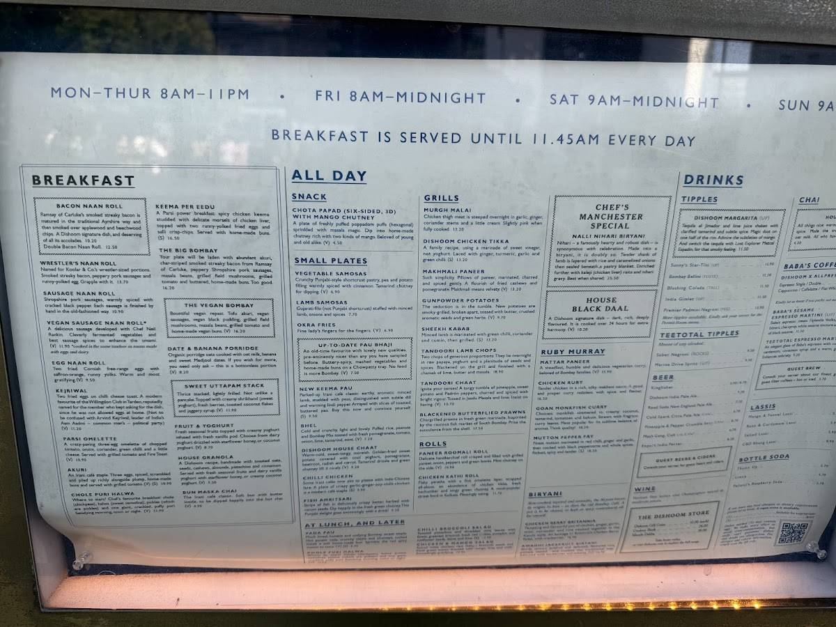 Menu at Dishoom Manchester restaurant, Manchester