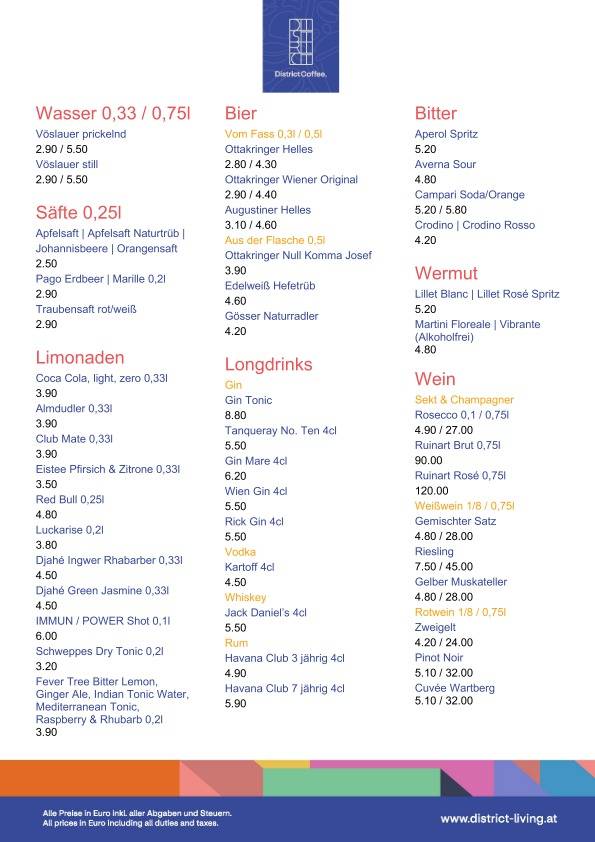 Menu at District Coffee, Vienna