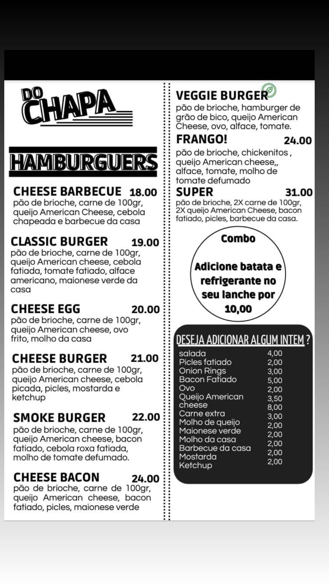 Menu at Do Chapa burger restaurant, São Paulo