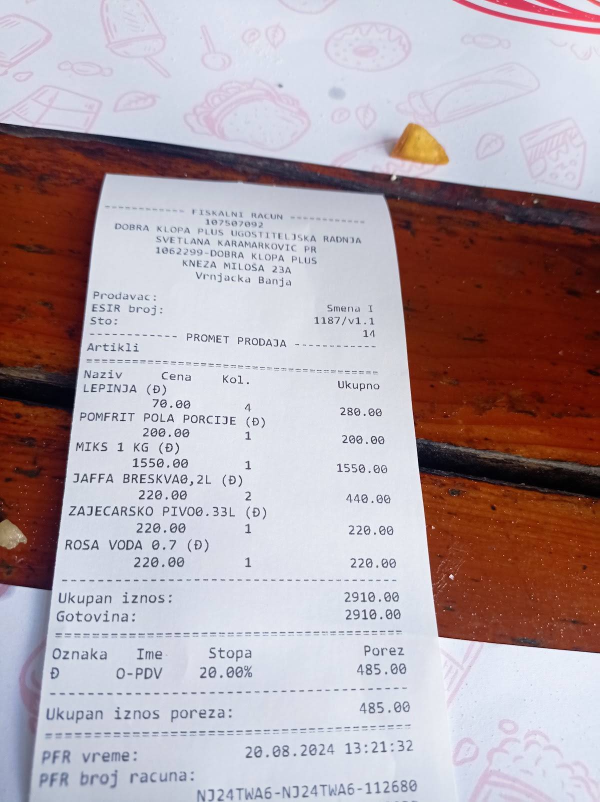 Menu at Dobra klopa restaurant, Vrnjačka Banja, Kneza Miloša 23a
