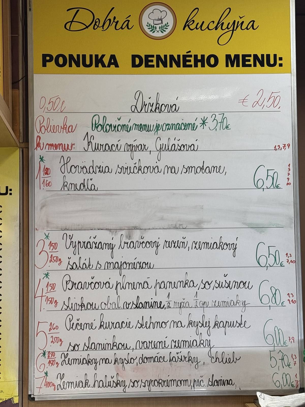 Menu at Dobrá kuchyňa restaurant, Čadca