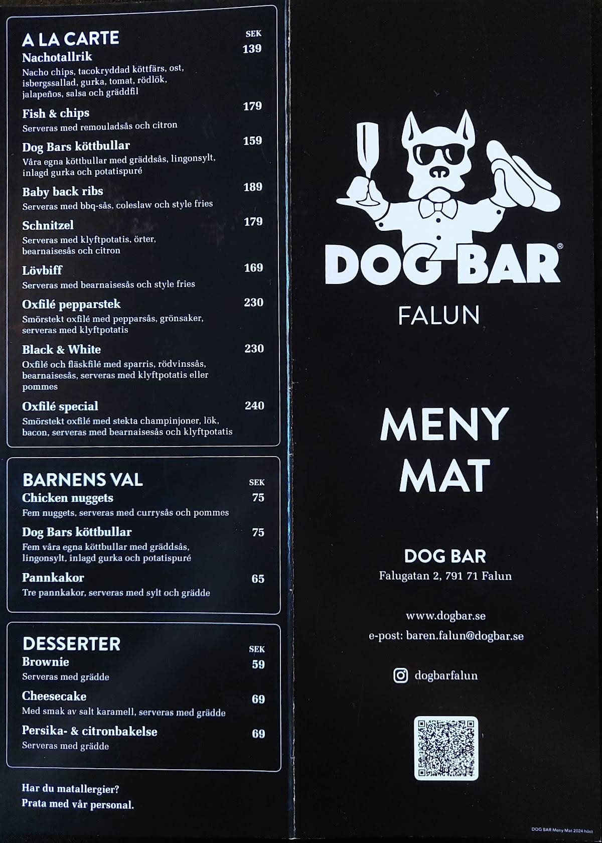 Menu at Dog Bar, Falun
