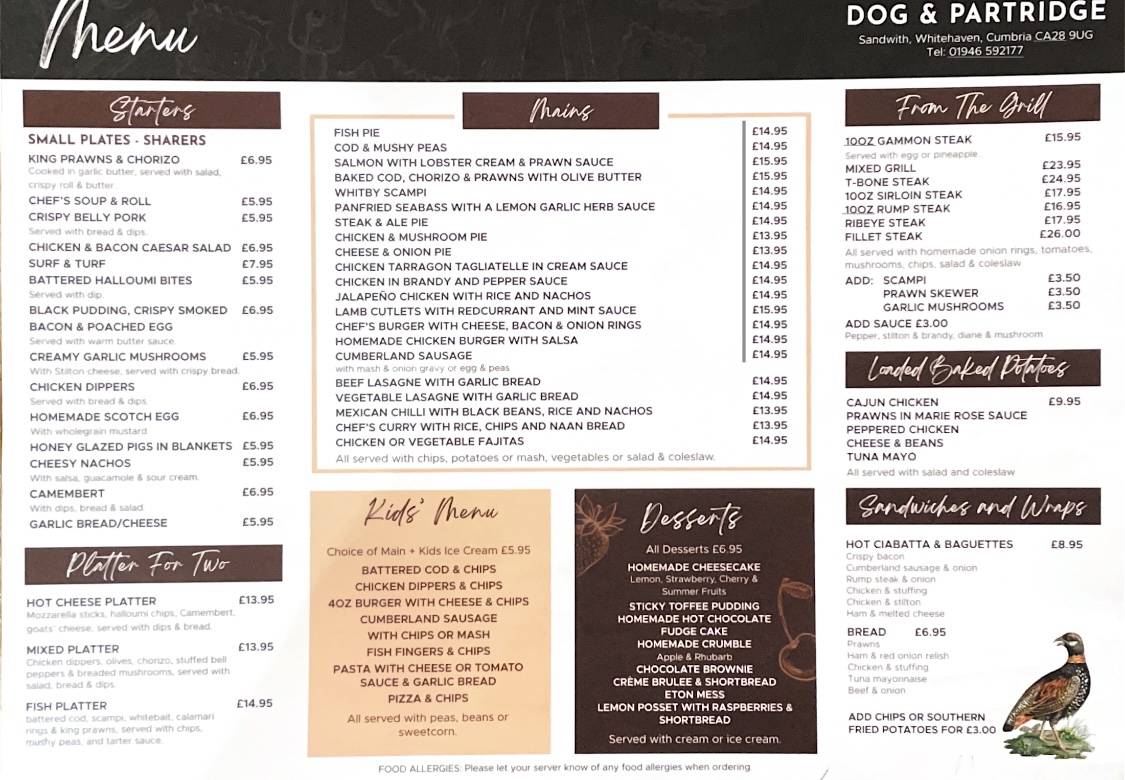 Menu at Dog & Partridge Inn pub & bar, Whitehaven, Sanwith