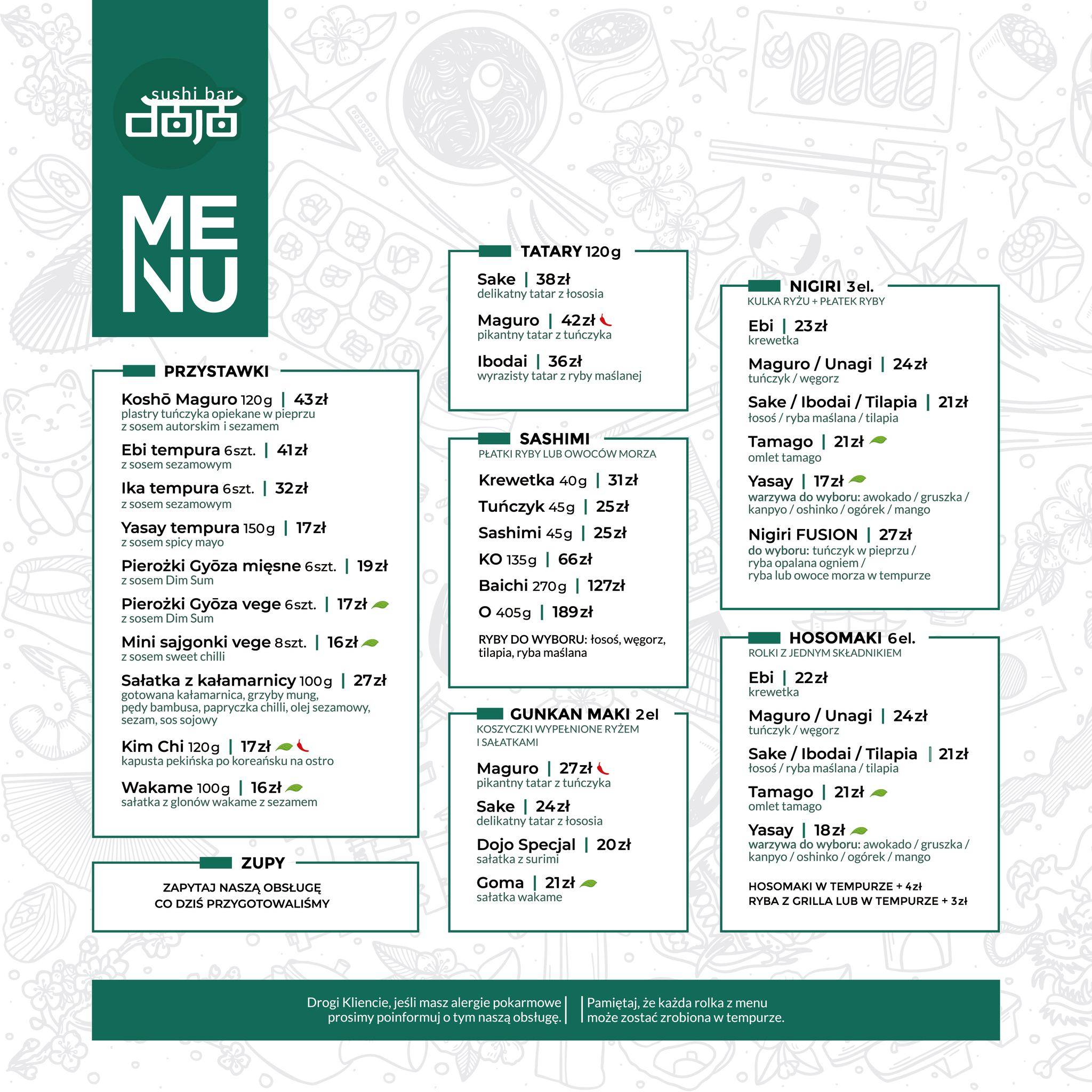 Menu at DOJO restaurant, Sosnowiec