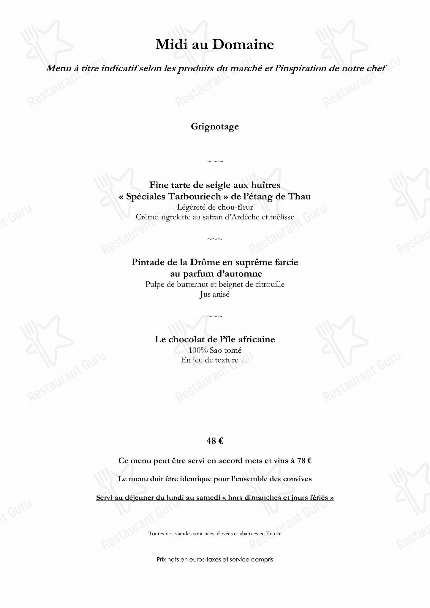 Menu au Domaine du Colombier Restaurant, Malataverne