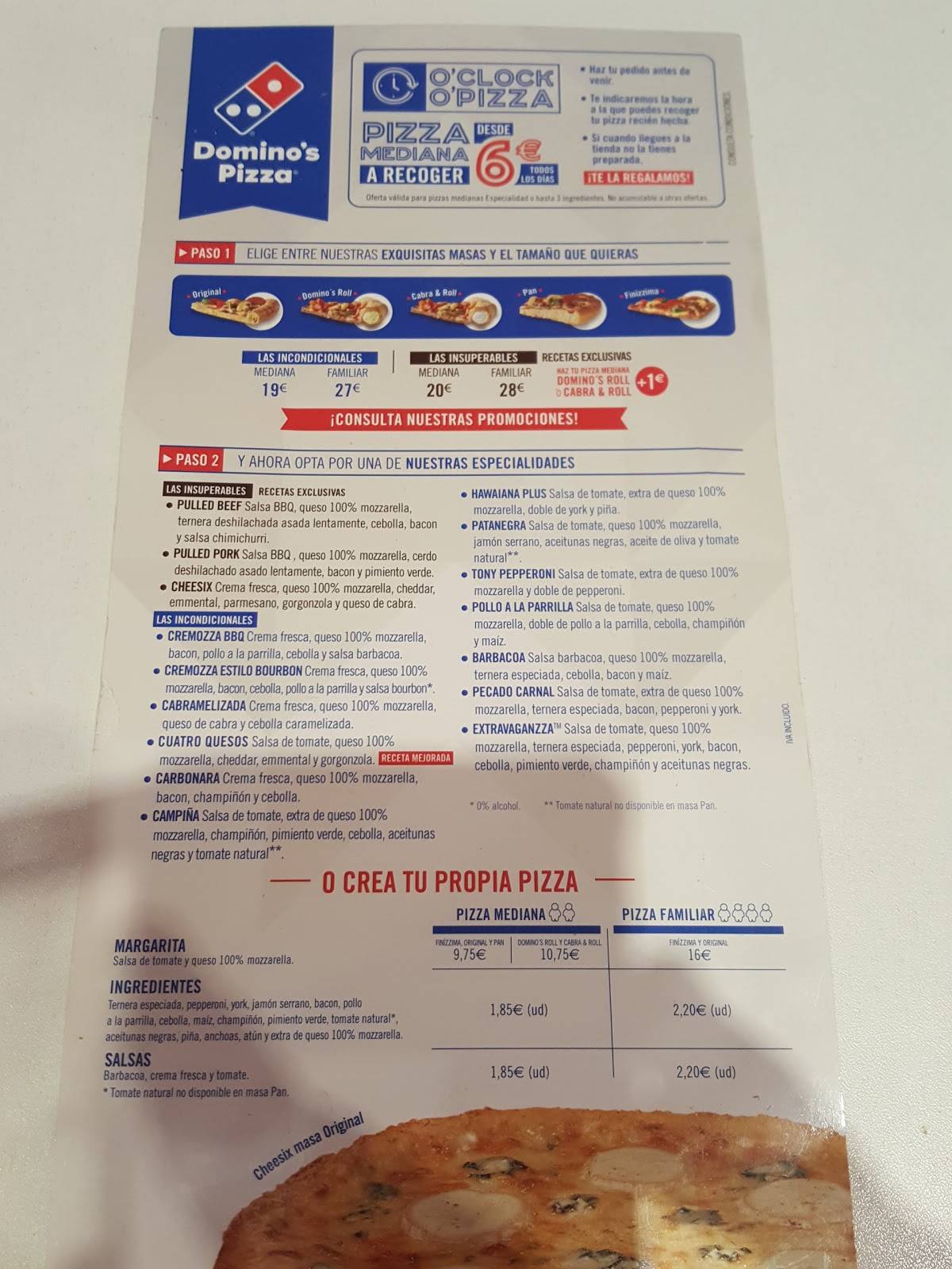 Carta de pizzería Domino's Pizza, Dos Hermanas