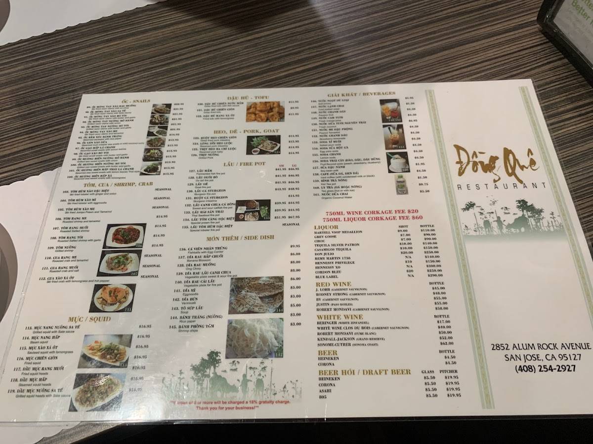 Menu at Dong Que Restaurant, San Jose, 2852 Alum Rock Ave