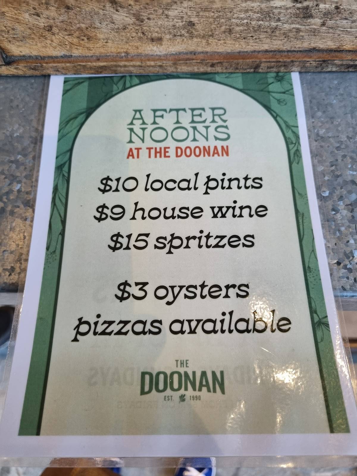 Menu at The Doonan restaurant, Australia