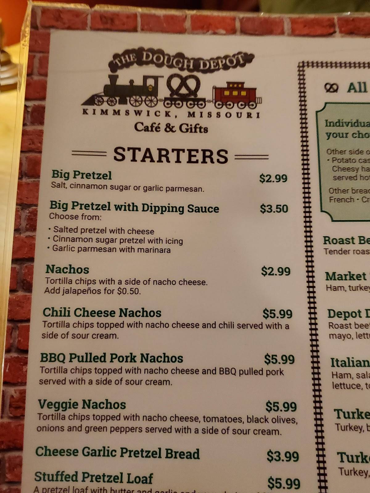 Menu at Dough Depot cafe, Kimmswick