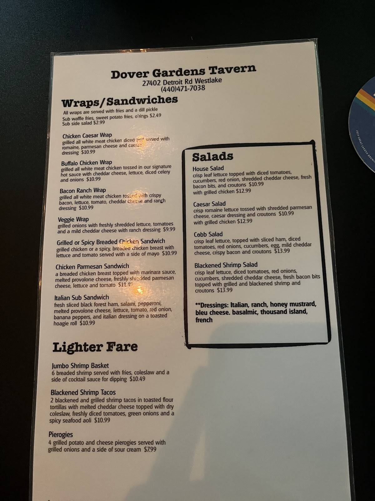 Menu at Dover Gardens Tavern pub & bar, Westlake