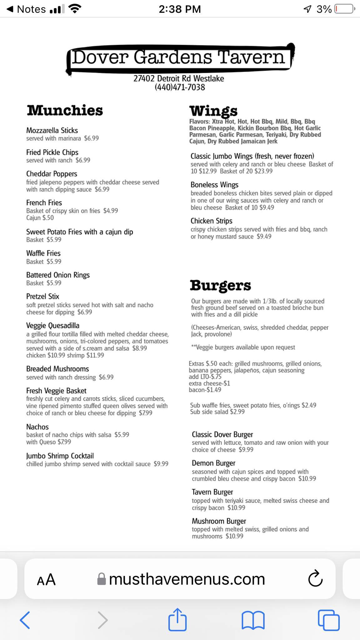 Menu at Dover Gardens Tavern pub & bar, Westlake