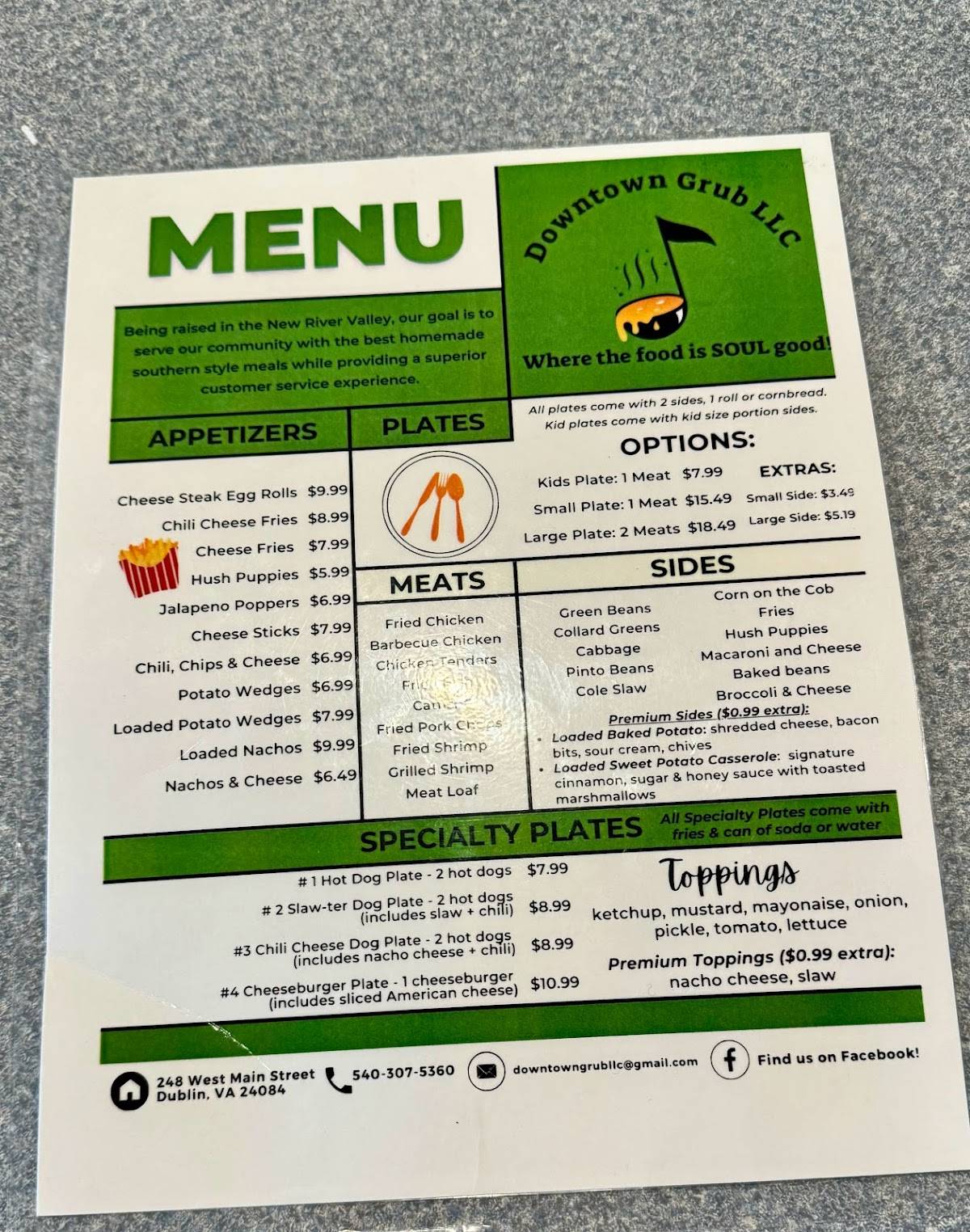 Menu at Downtown Grub restaurant, Dublin