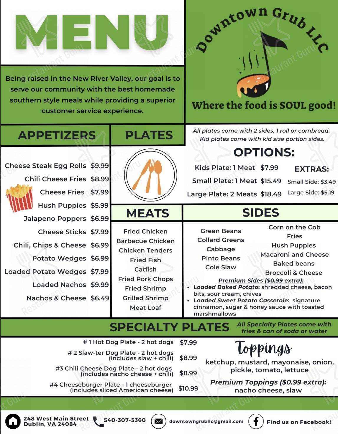 Menu at Downtown Grub restaurant, Dublin