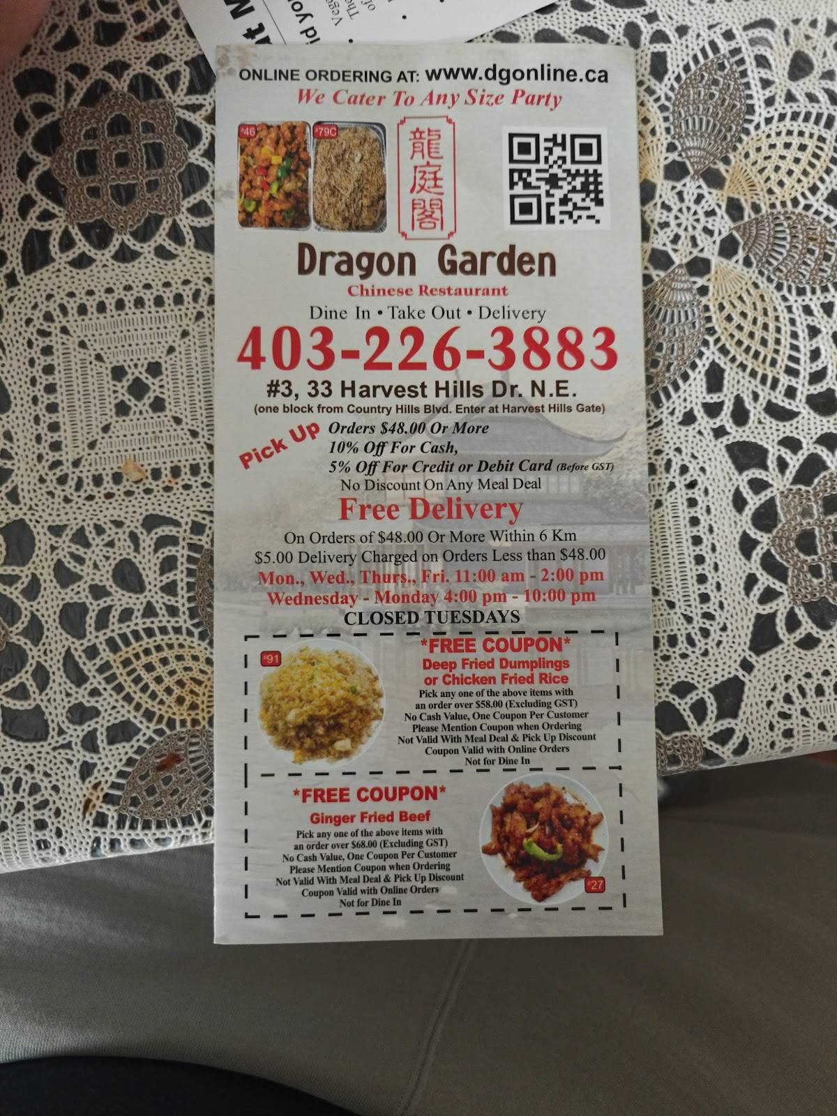 Menu at Dragon Garden Restaurant, Calgary