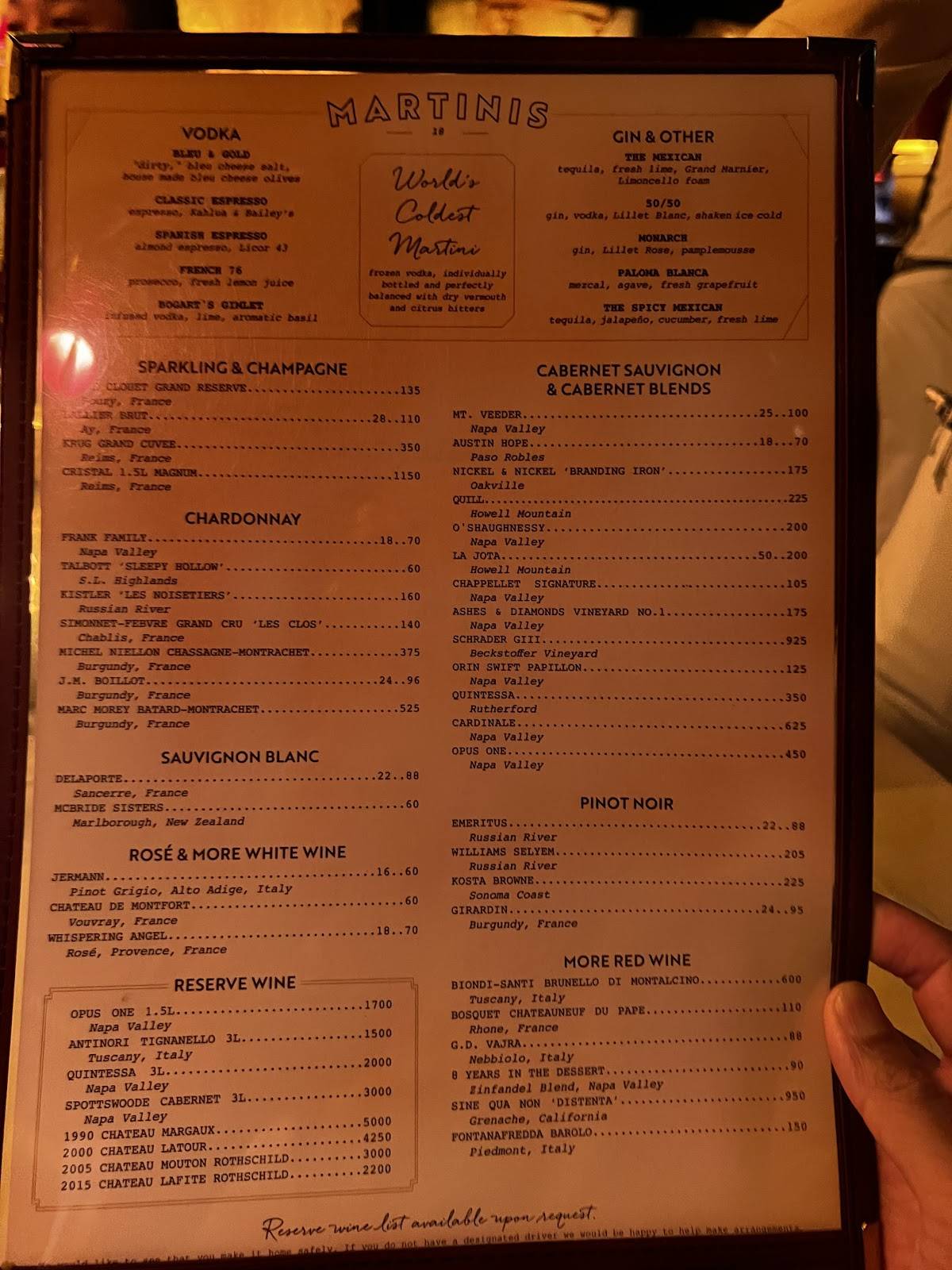 Menu at Drake's Hollywood restaurant, Dallas