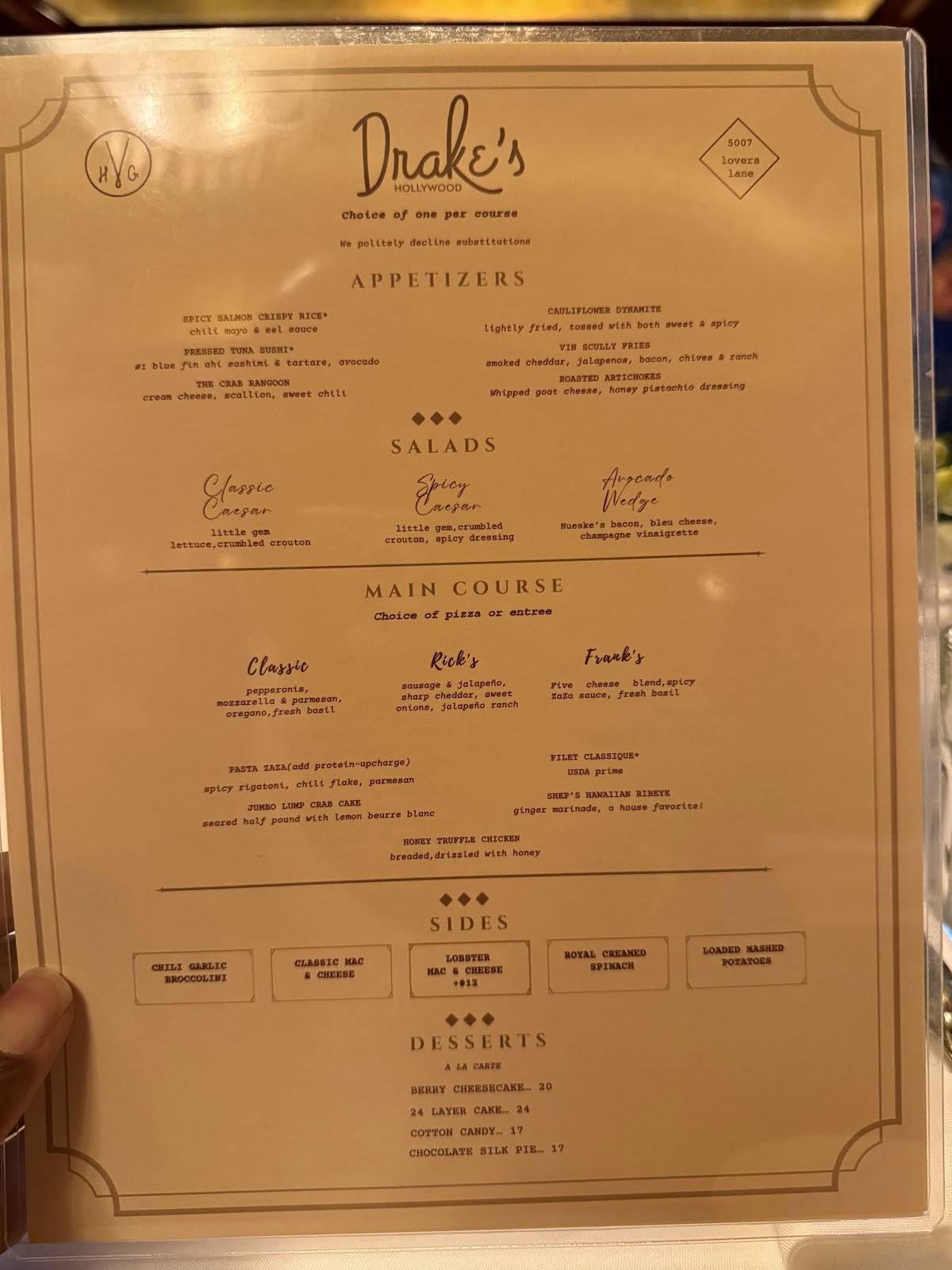 Menu at Drake's Hollywood restaurant, Dallas