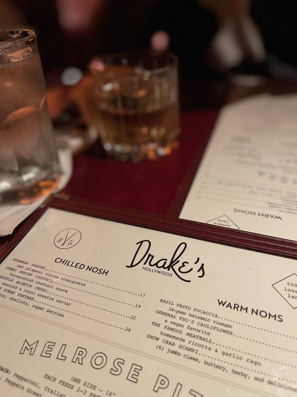 Menu at Drake's Hollywood restaurant, Dallas