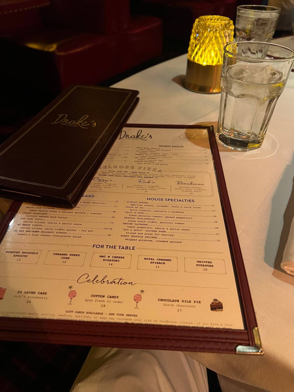 Menu at Drake's Hollywood restaurant, Dallas