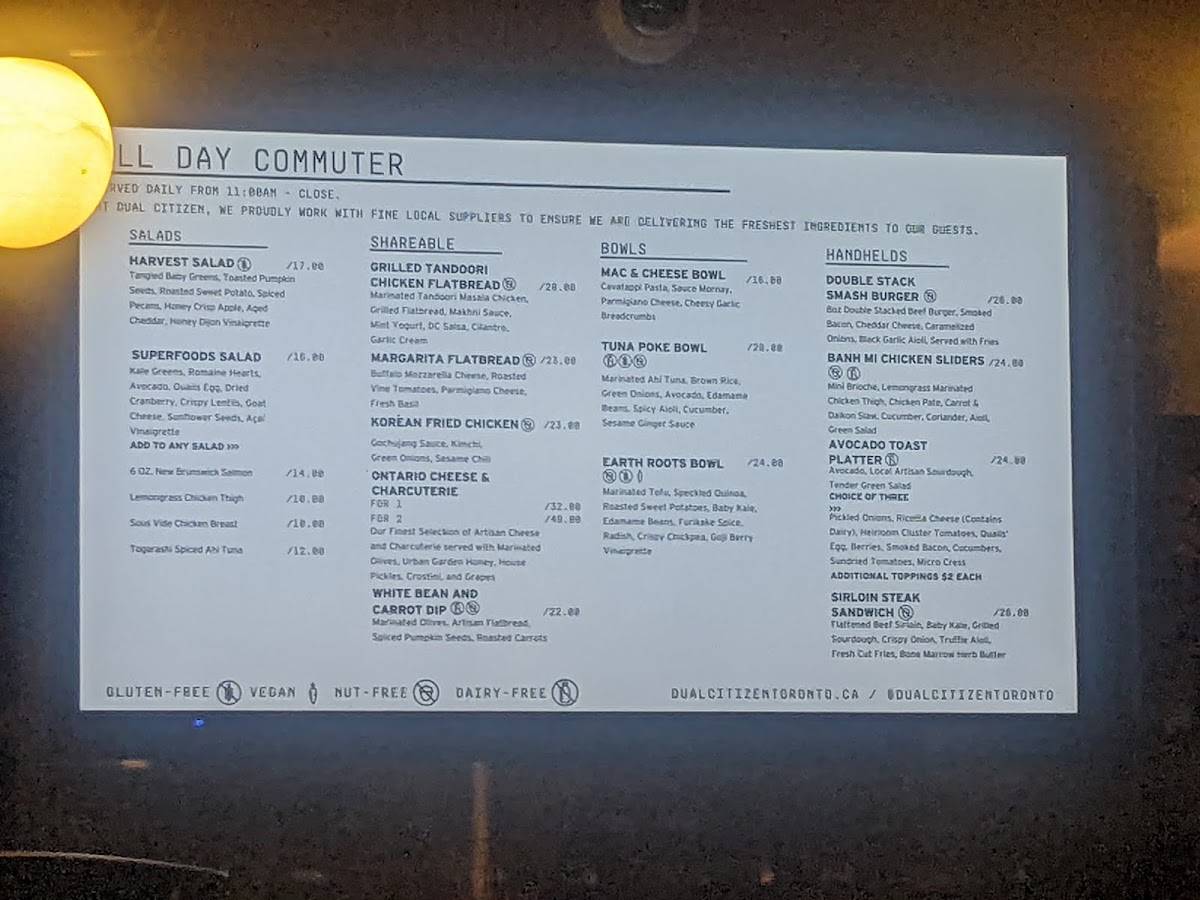 Menu at Dual Citizen restaurant, Toronto