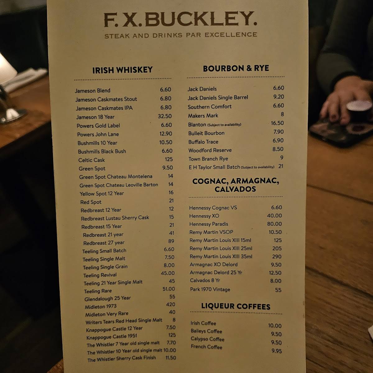 Menu at F.X. Buckley Steakhouse Pembroke Street, Dublin, 1A Pembroke ...