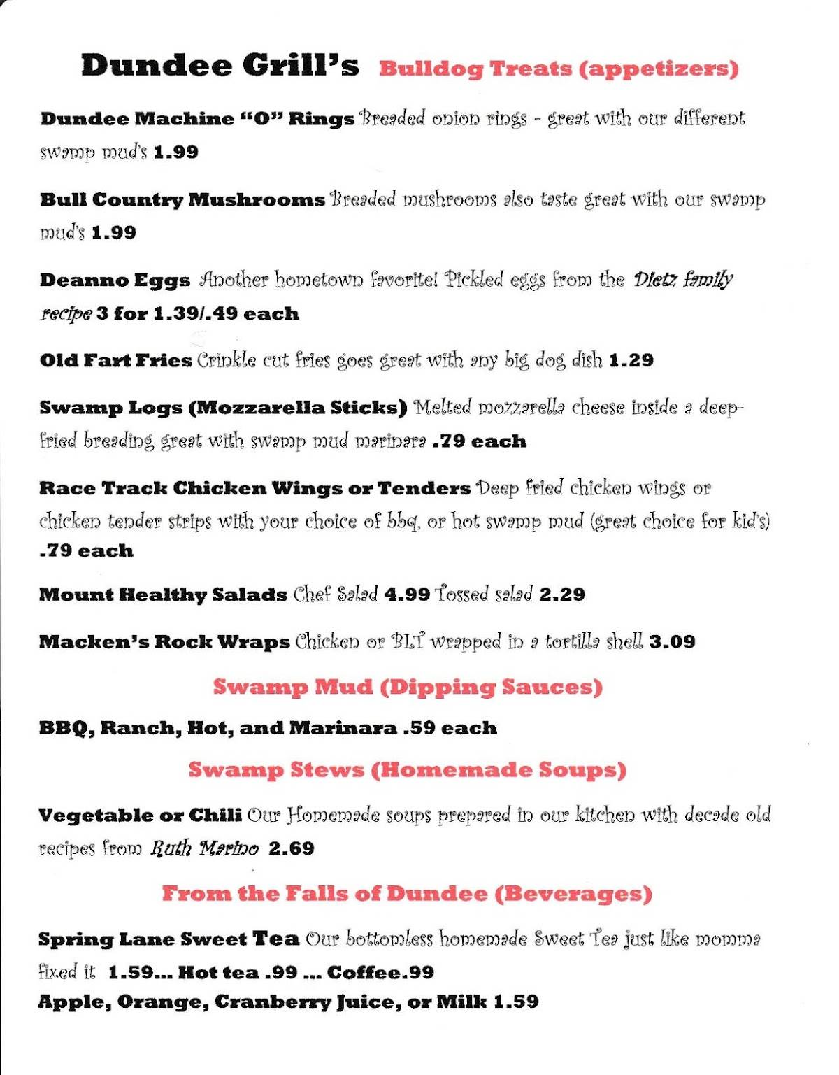 Menu at Dundee Grill restaurant, Dundee