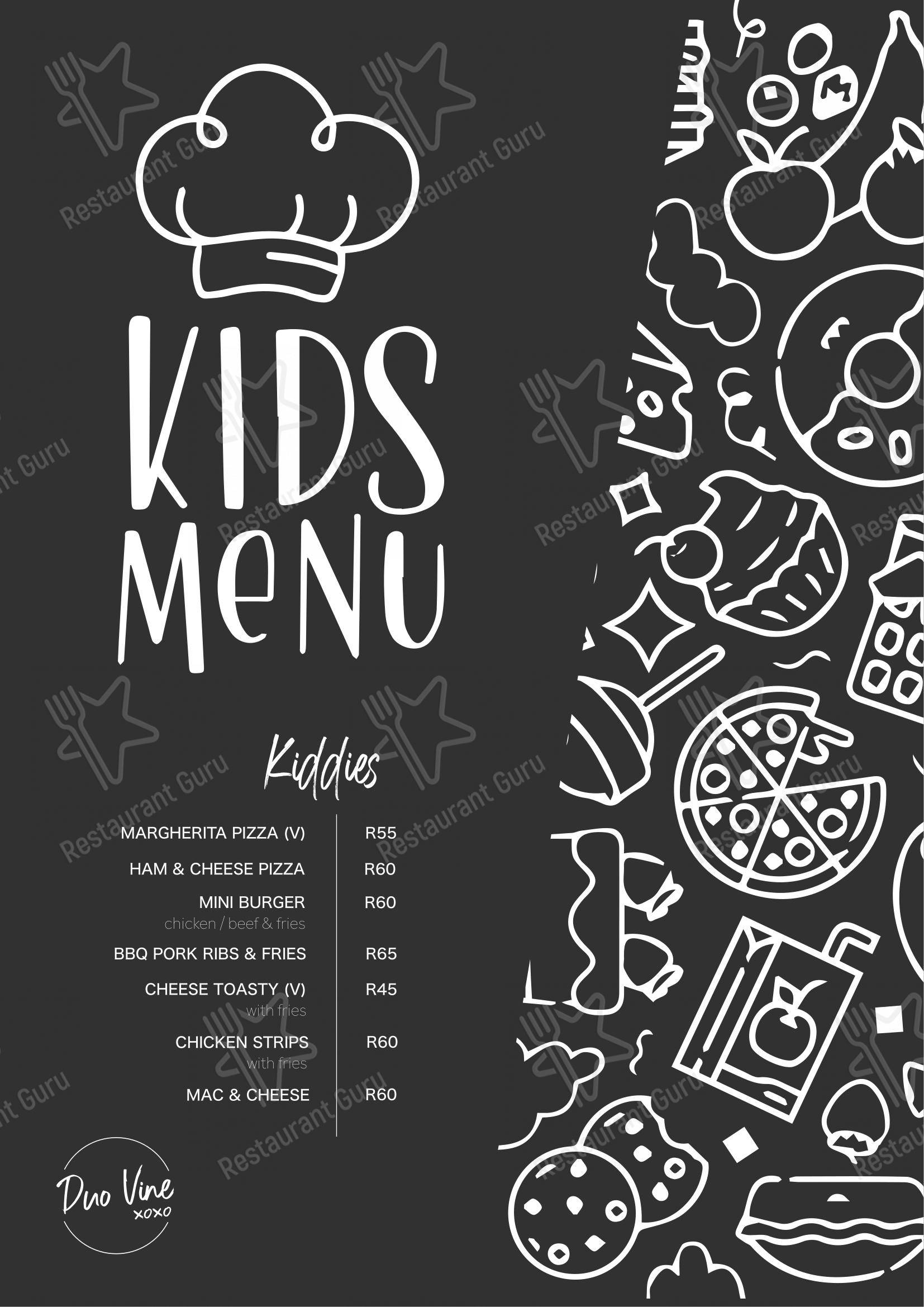 Menu au Duo Vine restaurant, Rustenburg