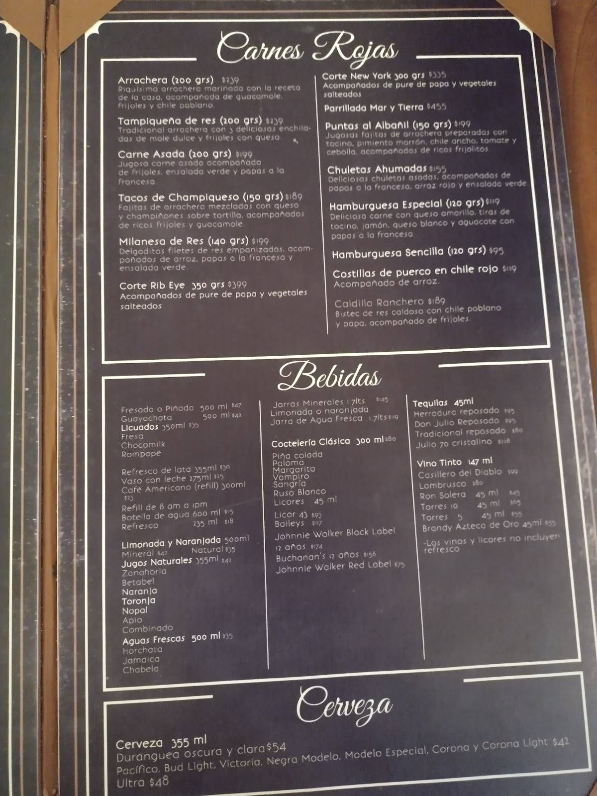 Carta de Restaurante La Victoria, Durango