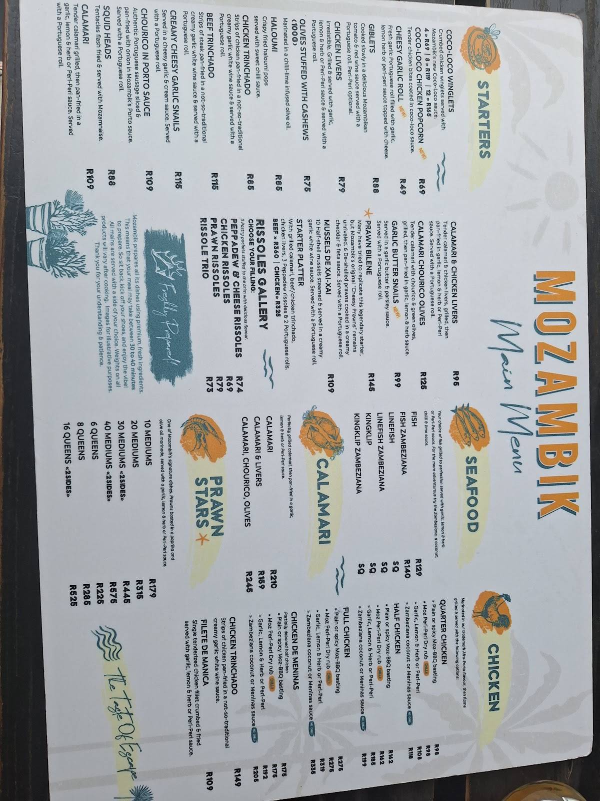 Menu at Mozambik Wilsons Wharf restaurant, Durban