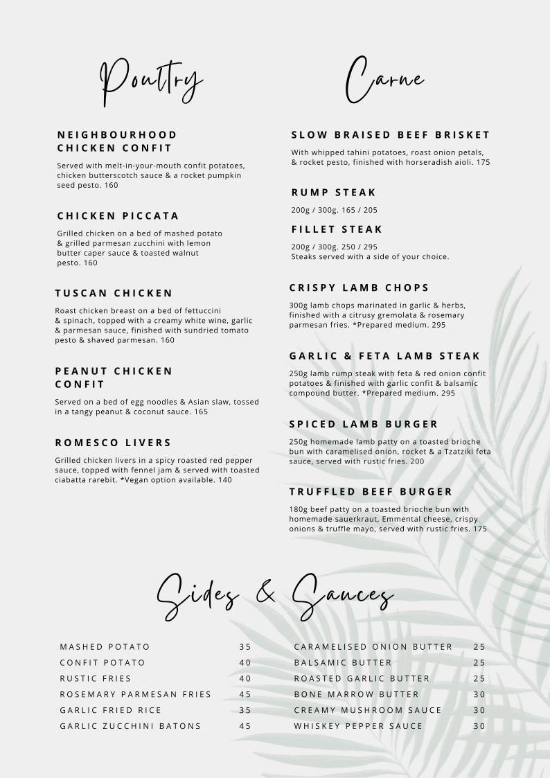 Menu at Neighbourhood Cafe & bar, Durban North