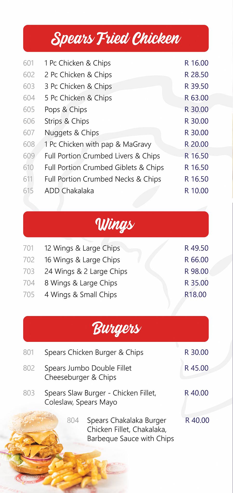 Menu at Spears Fried Chicken restaurant, Durban