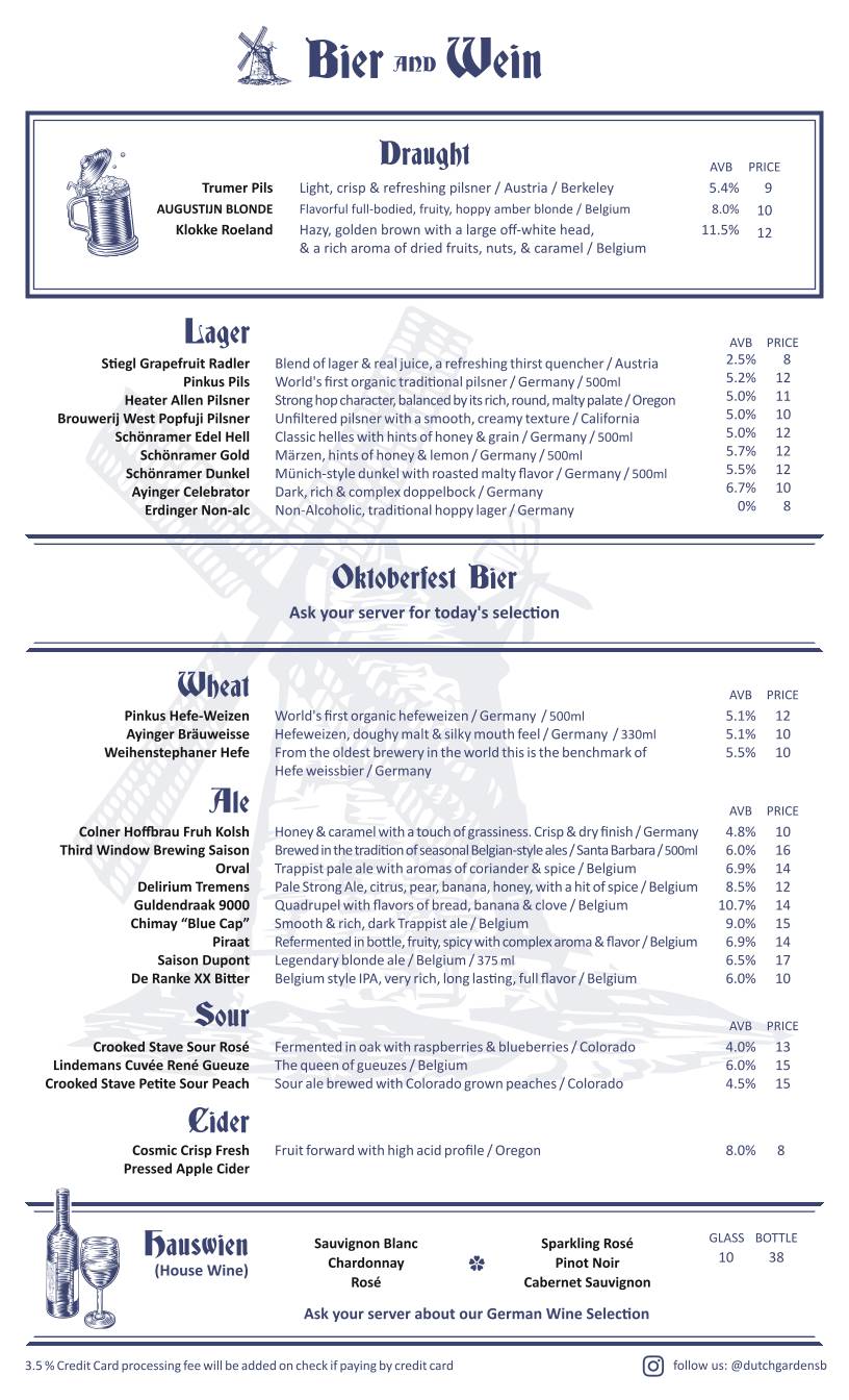 Menu at Dutch Garden Restaurant, Santa Barbara