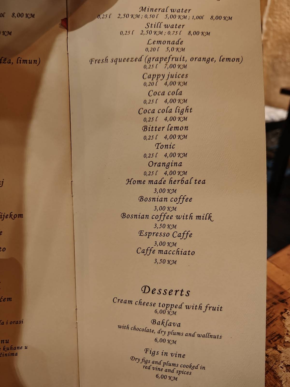 Menu at Dveri restaurant, Sarajevo