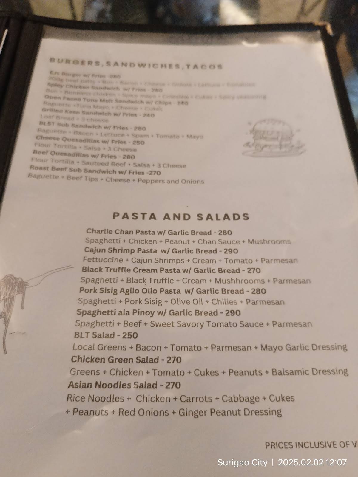 Menu at EJ's Garden Cafe, Surigao City
