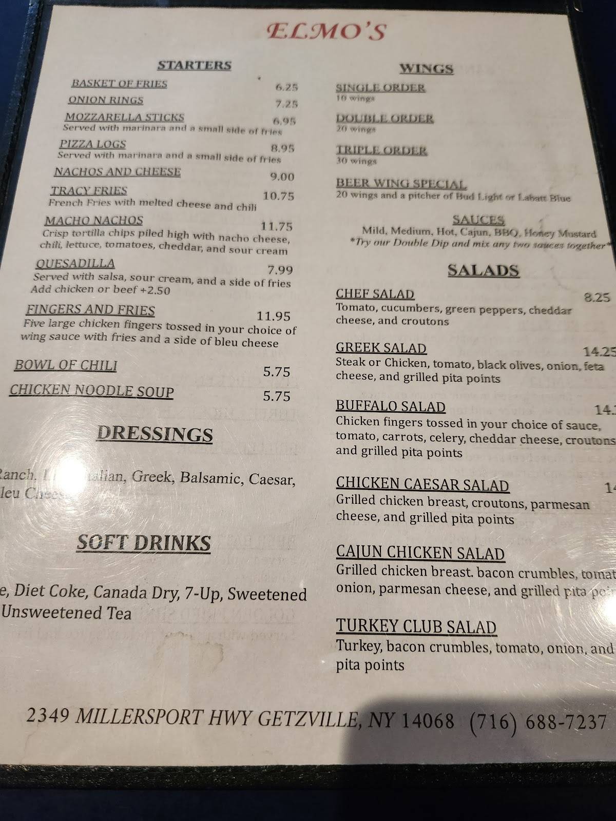 Menu at ELMO'S RESTAURANT & BAR, Getzville