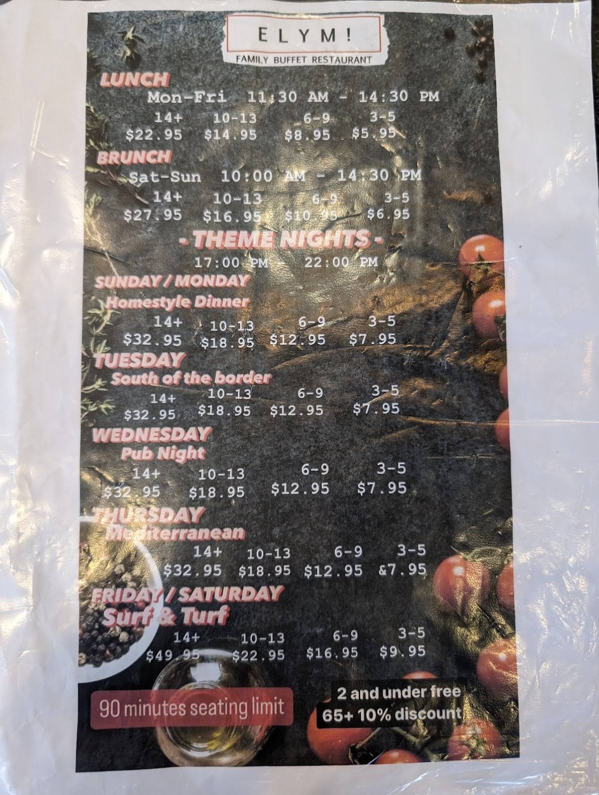 Menu at ELYMI Family Buffet Restaurant, Calgary
