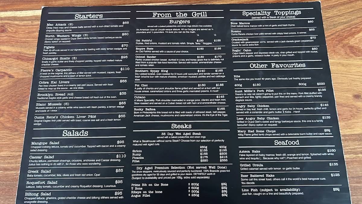Menu at Eagles for Steaks restaurant, Klerksdorp