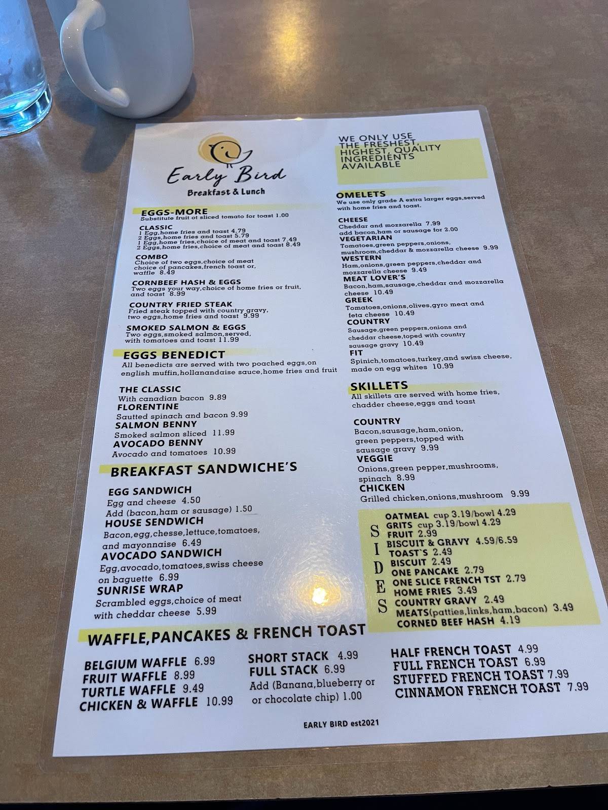 Menu at Early Bird restaurant, Pinellas Park