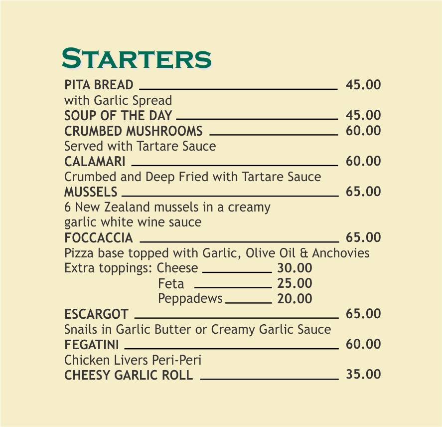 Menu at Guido's restaurant, East London, Gonubie Mall