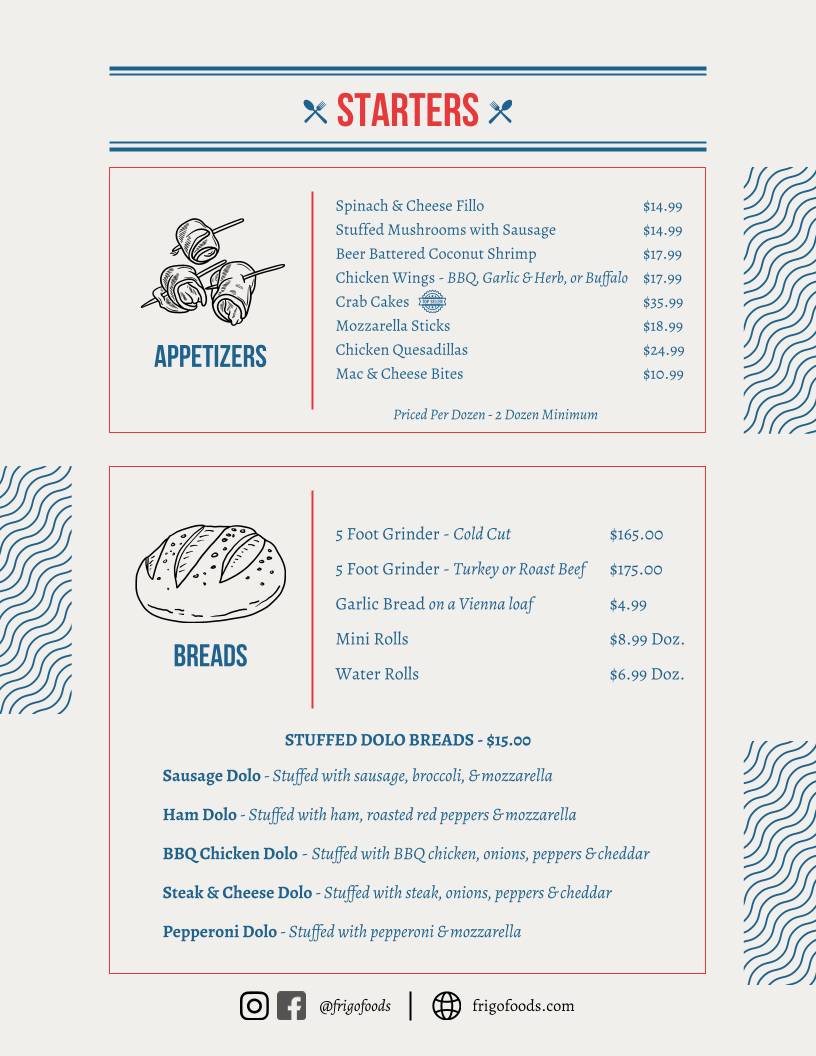 Menu at Frigo Foods restaurant, East Longmeadow