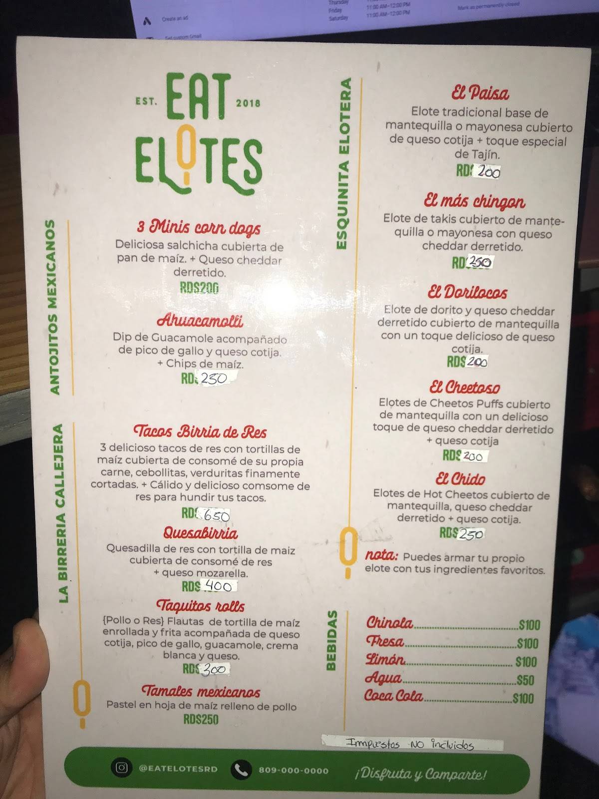 Carta del restaurante EatElotes, Santo Domingo
