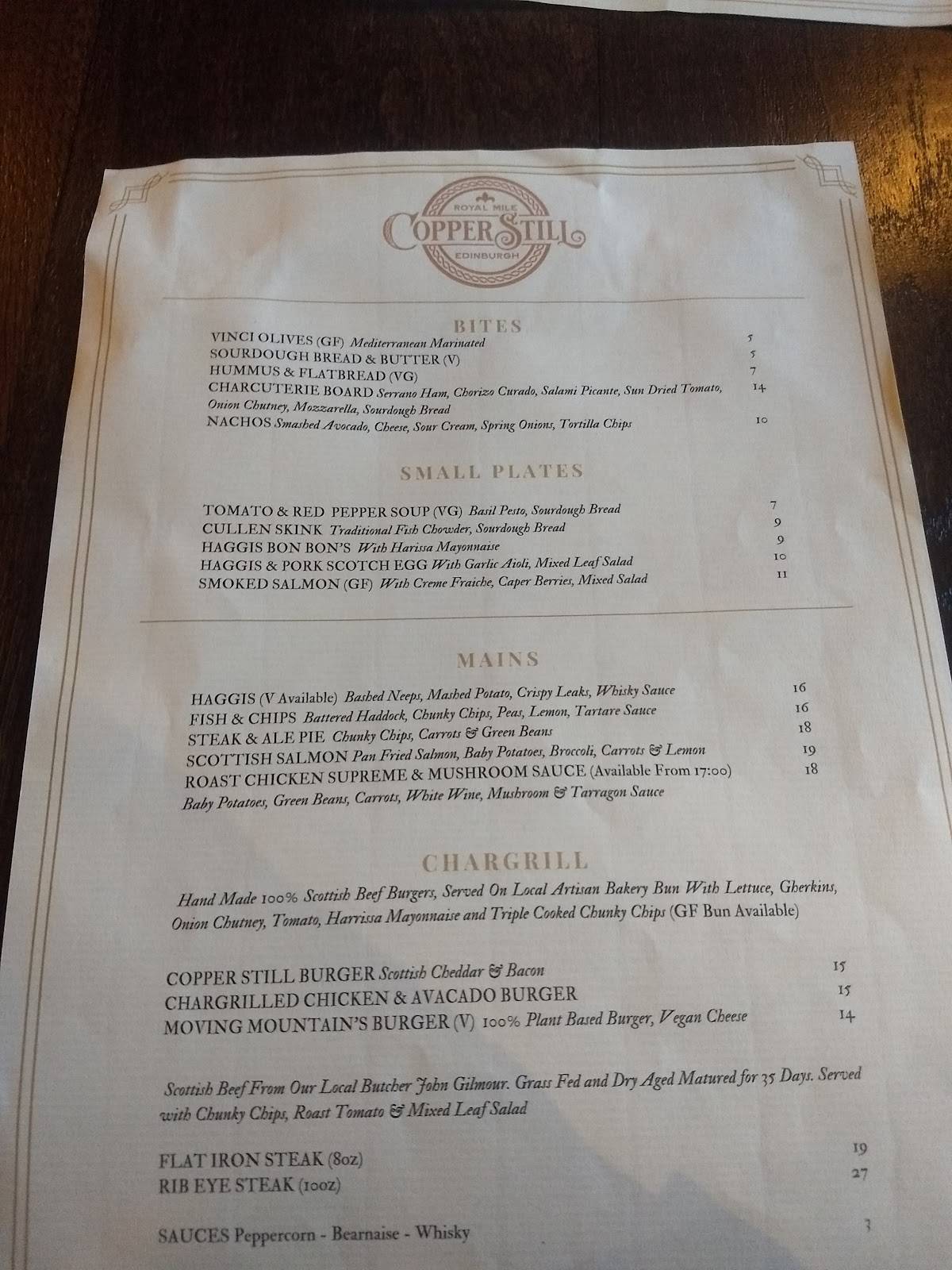 Menu at Copper Still restaurant, Edinburgh