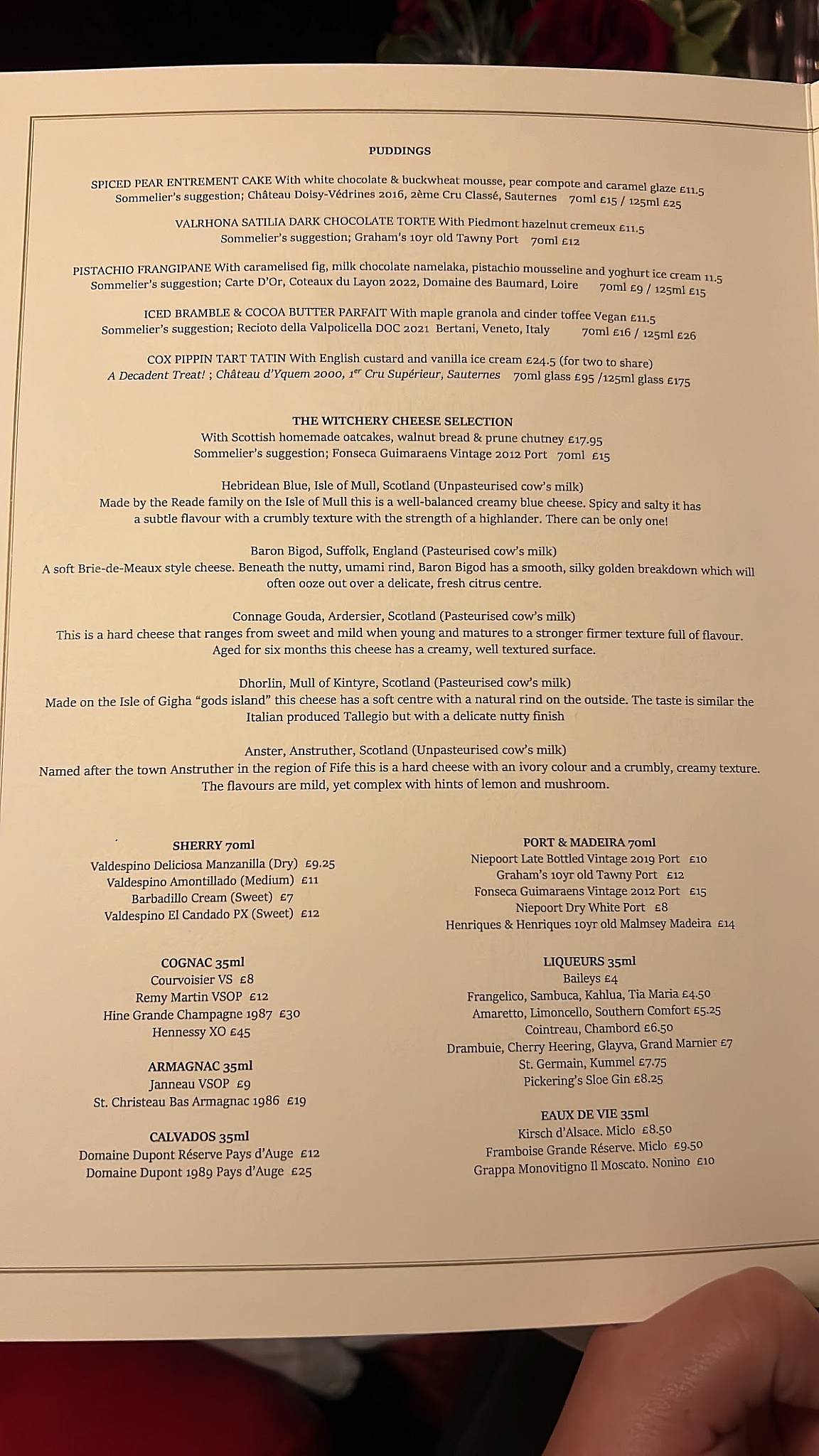 Menu at The Witchery by the Castle restaurant, Edinburgh