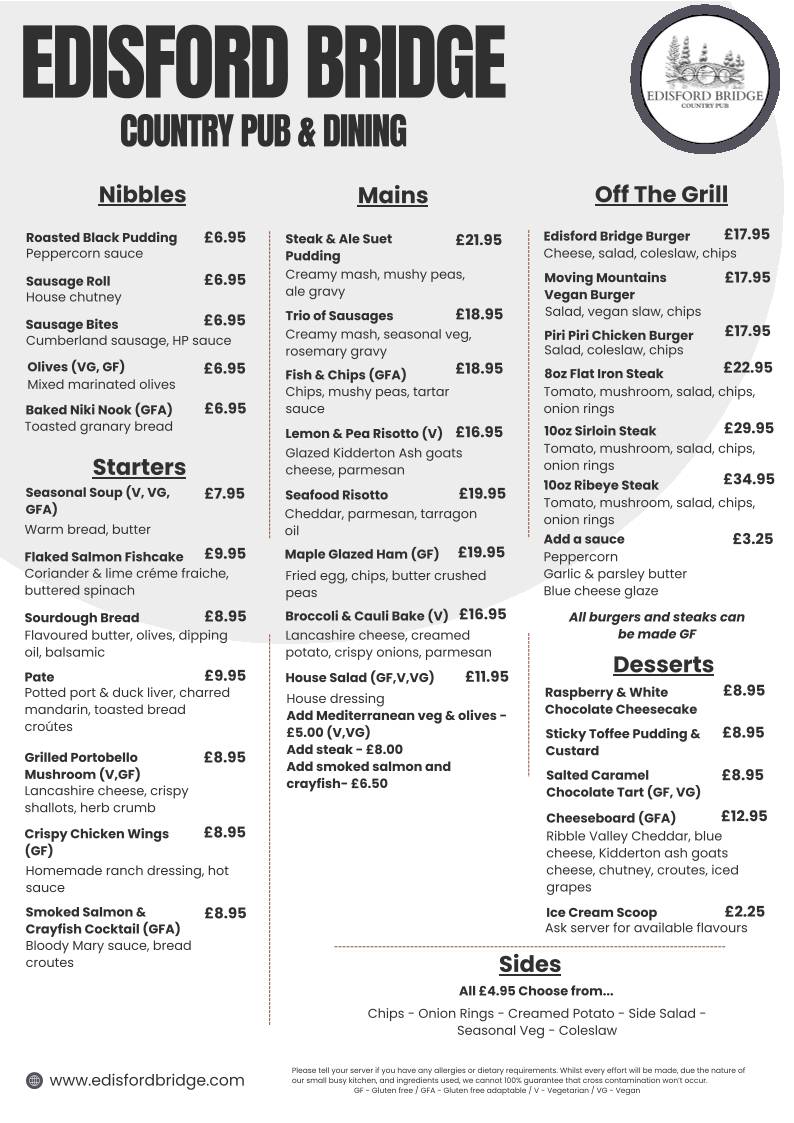 Menu at Edisford Bridge pub & bar, Clitheroe
