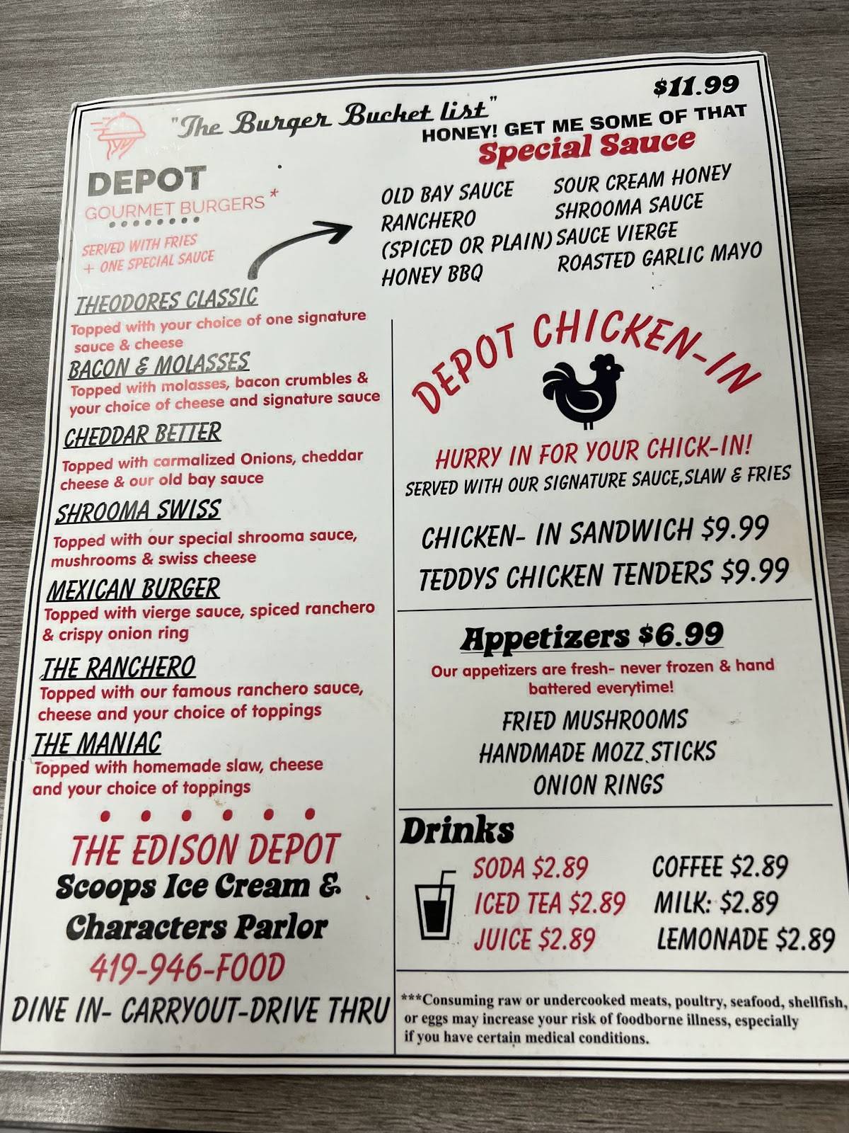 Menu at Edison Depot restaurant, Edison