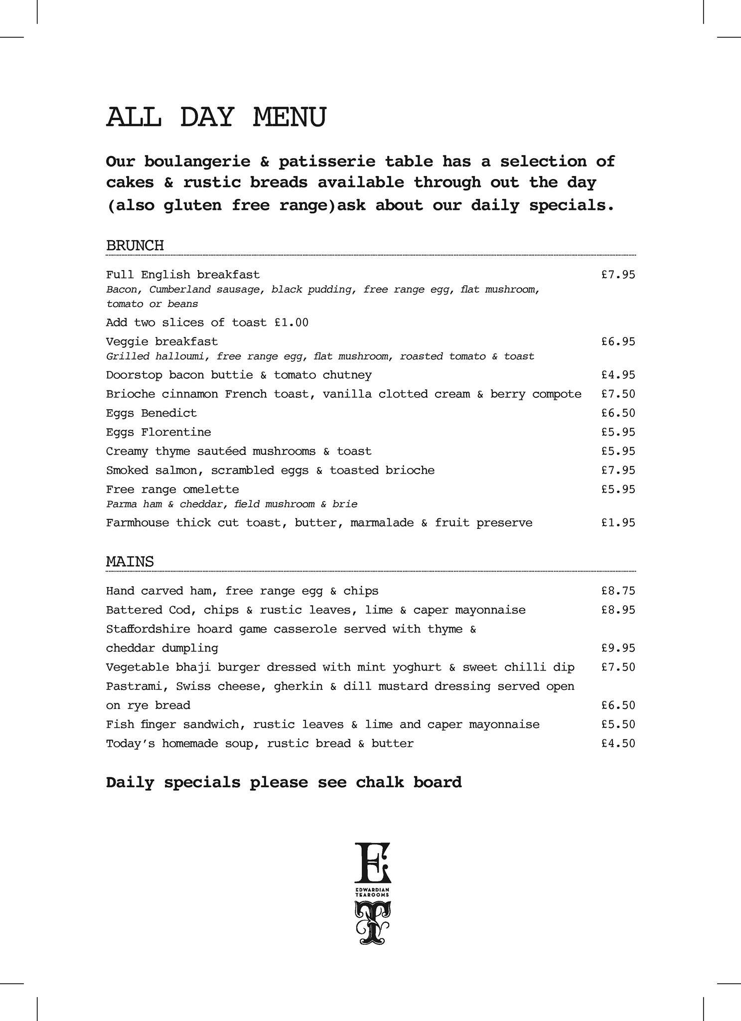 Menu at Edwardian Tea Room cafe, Birmingham
