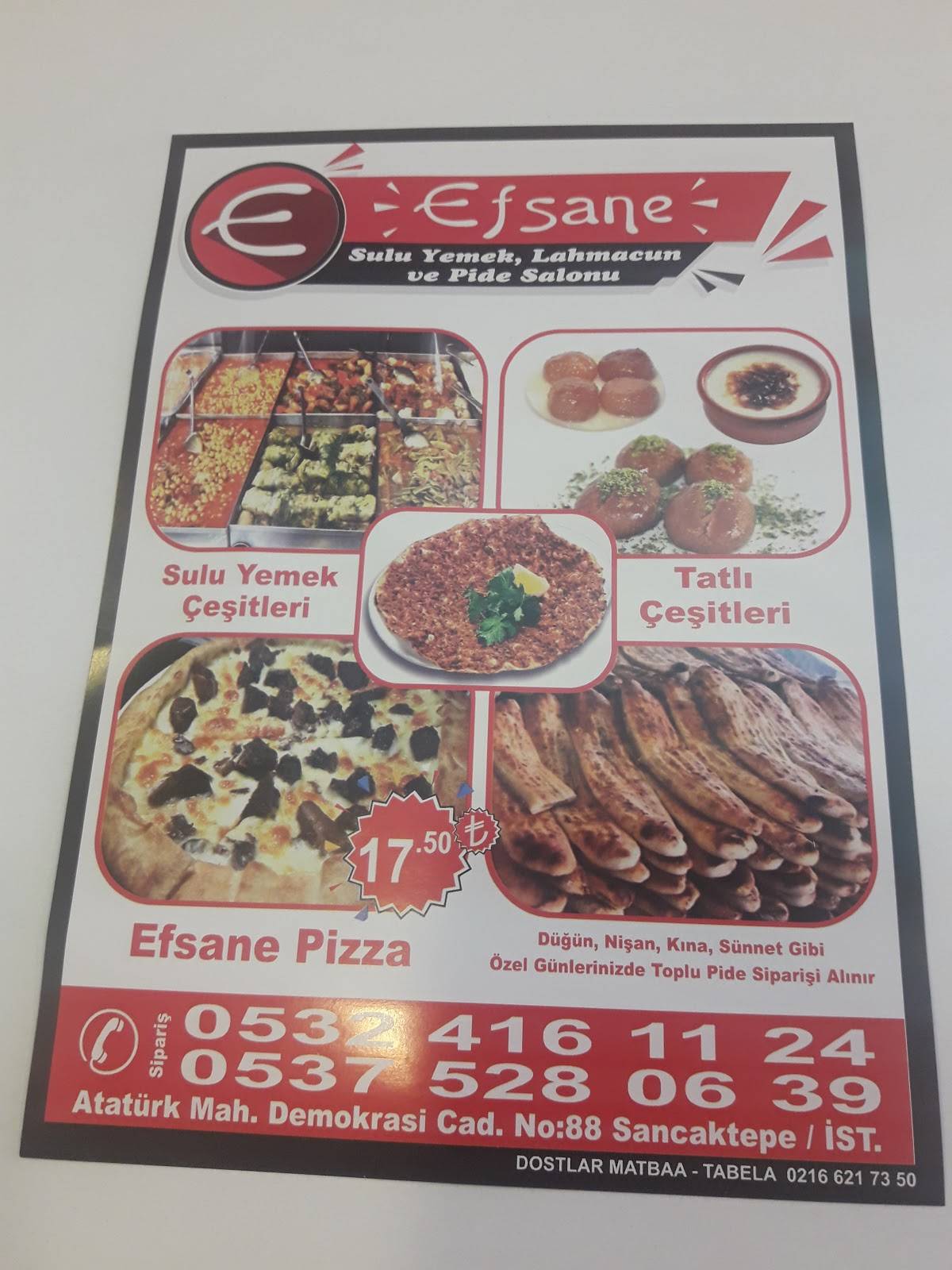 Menu at Efsane Pide - Lahmacun - Sulu Yemek, Istanbul